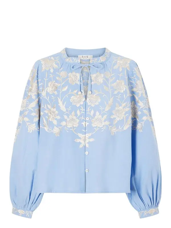 Sea Alina Embroidered Cotton And Linen-blend Blouse - Blue