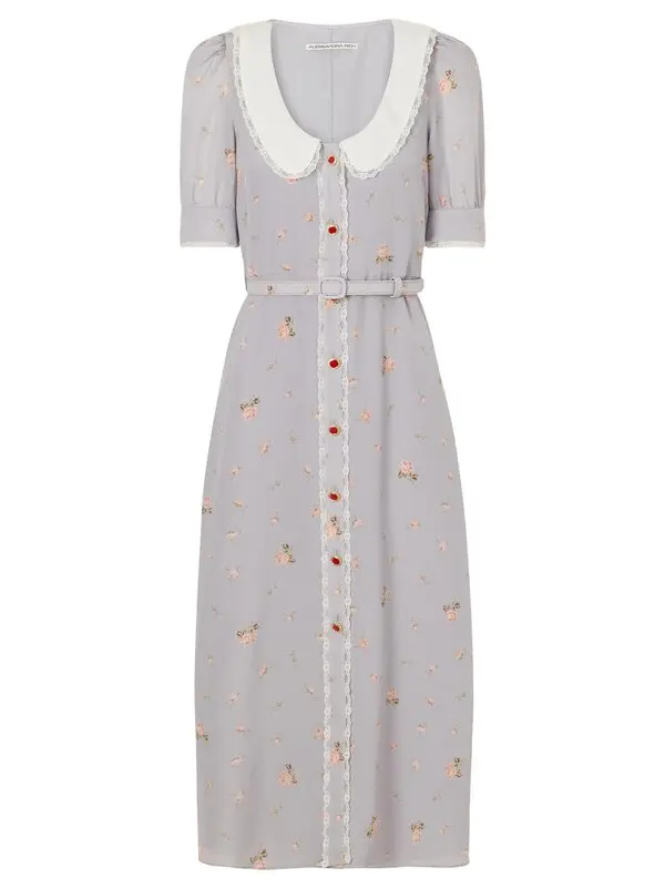 Alessandra Rich Belted Floral-print Silk-crepe De Chine Midi Dress - Gray