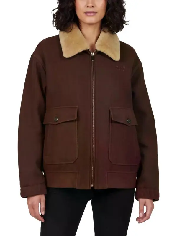 Miu Miu Zip-up Jacket With Embroidered Logo - Brown