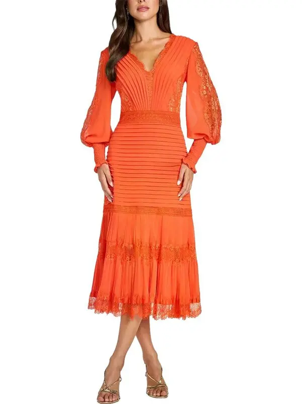 Tadashi Shoji Maxi Nyssa Bishop Lace-trimmed Pleated Dress - Orange