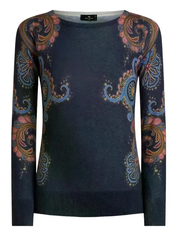 Etro Silk And Cashmere Sweater With Placed Paisley Print - Blue