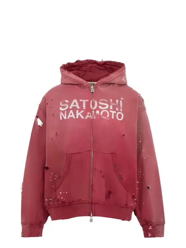 SATOSHI NAKAMOTO Distressed Logo Print Hoodie - Red