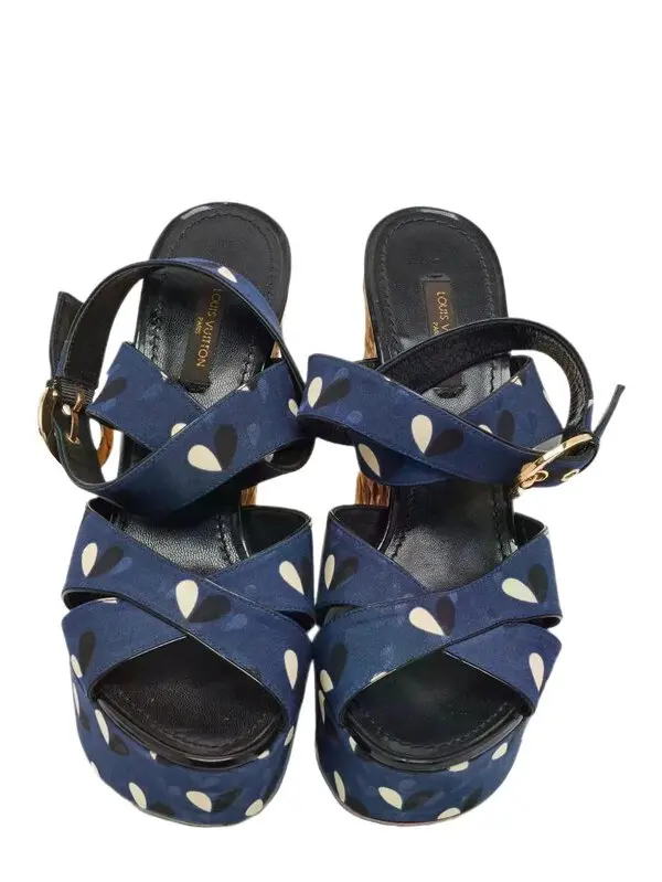 LOUIS VUITTON Navy Heart Print Espadrille Wedge Sandals - Blue