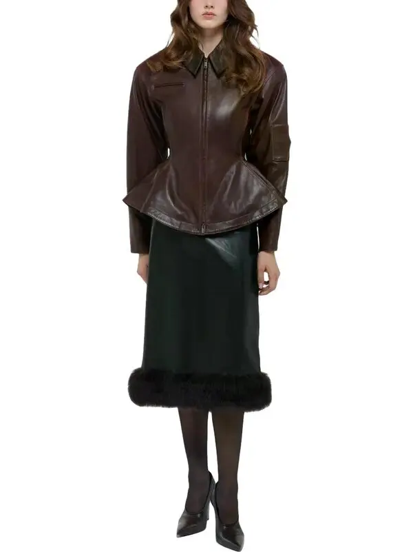 DUCIE Bernadette Peplum Calf Leather Jacket - Brown