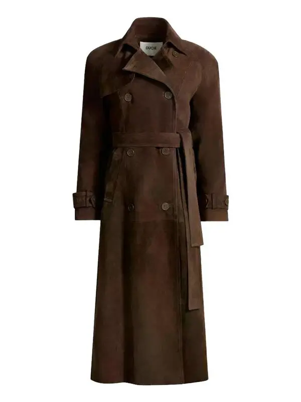 DUCIE Double-breasted Lamb Suede Trench Coat - Brown