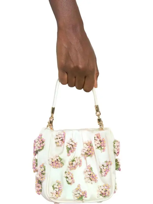 SELF-PORTRAIT Floral Beaded Satin Mini Tote Bag - Neutrals