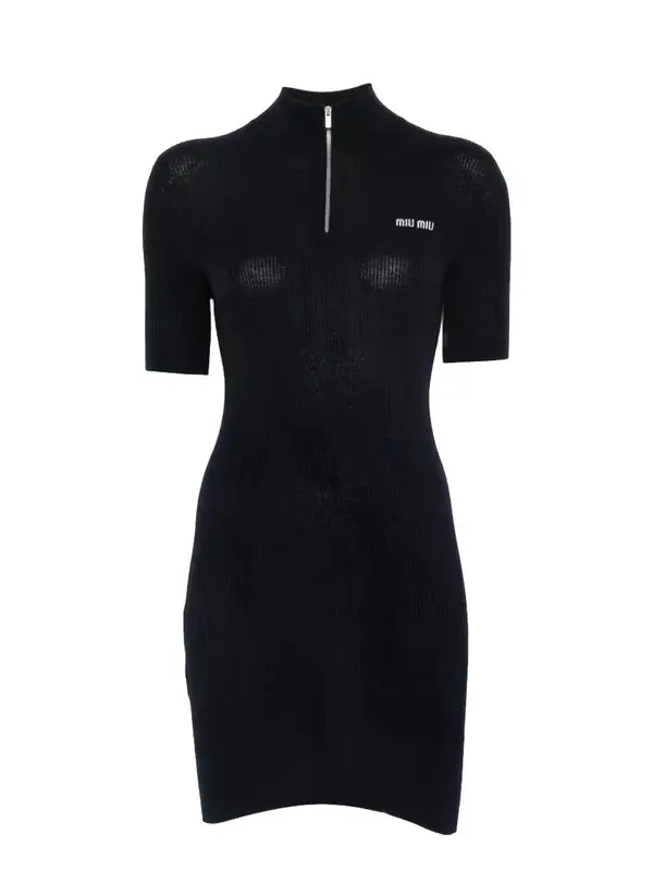 Miu Miu Ribbed Knit Logo Embroidered Mini Dress - Blue