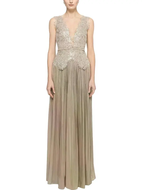 NISSA Lace Panel Chiffon Maxi Dress With Sequins - Neutrals