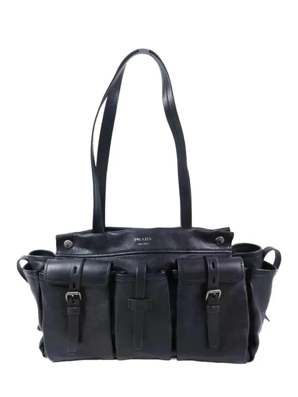 Prada Buckled Pocket Leather Shoulder Bag - Black