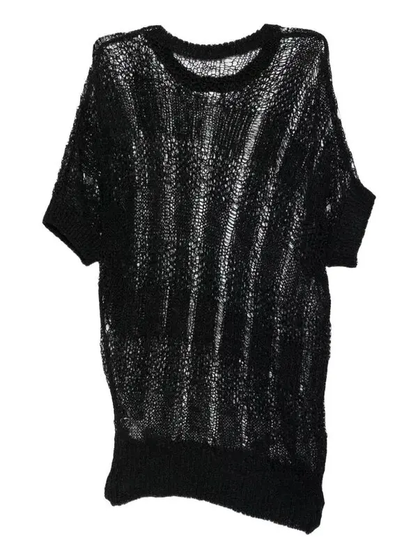 Y’s Plaid Loose-knit Asymmetric Drape Top - Black