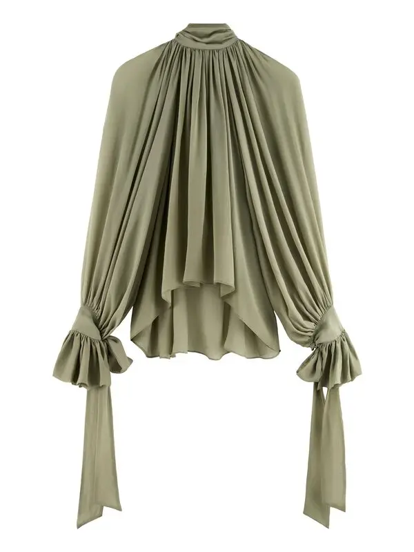 Arakii Balloon Pleated Silk Top - Khaki