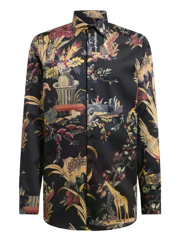 Etro Shirt In Cotton Satin With Flower And Animal-motif - Black
