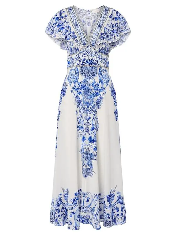 Camilla Embellished Floral Silk Maxi Dress - Blue