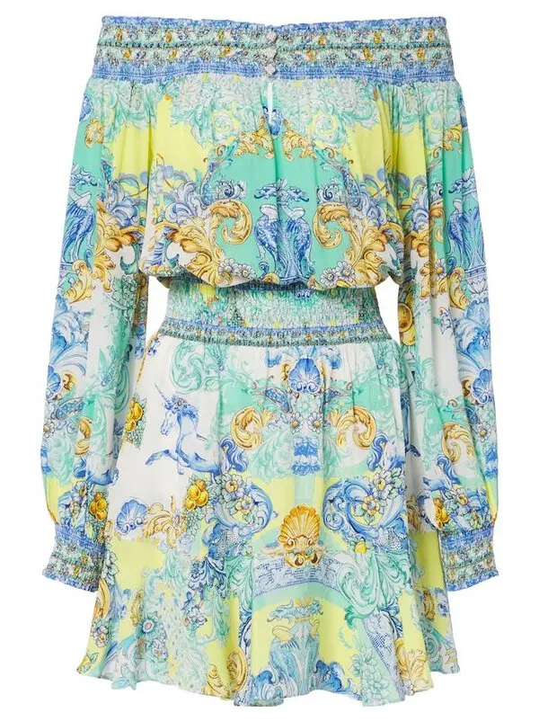 Camilla Printed Embellished Off-shoulder Silk Mini Dress - Multicoloured