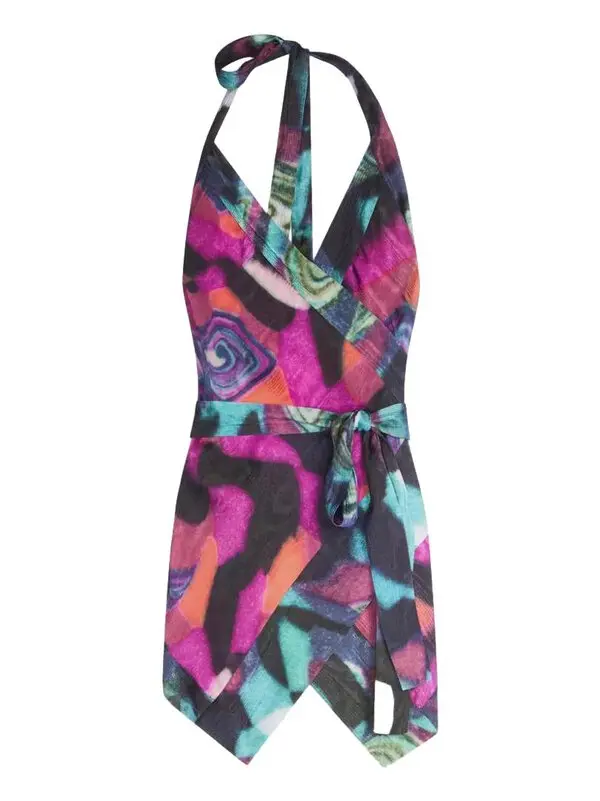 Dries Van Noten Halterneck Moiré Top With Marbled Print - Black