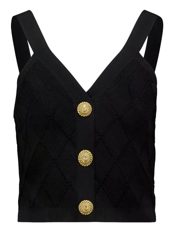 Balmain Quilted Knit Button-up Top - Black