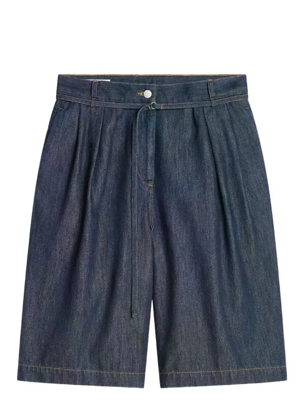 Dries Van Noten Belted Wide Leg Pleated Denim Shorts - Blue