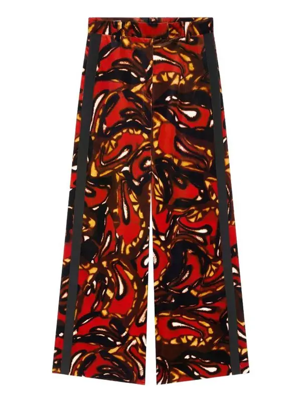 Dries Van Noten Printed Cotton Velvet Wide Leg Trousers - Red