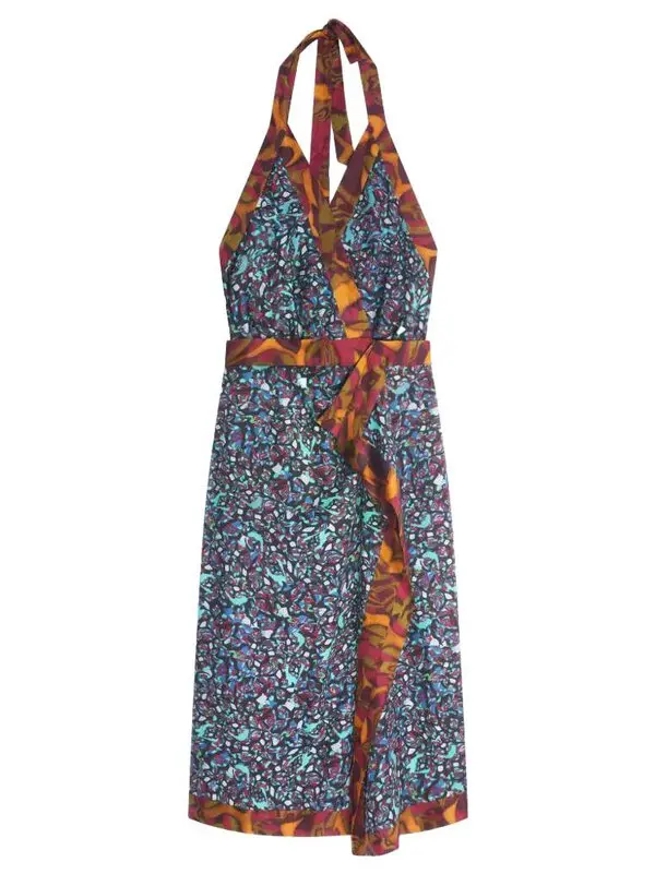 Dries Van Noten Halterneck Viscose Midi Dress With Marbled Clay Print - Blue