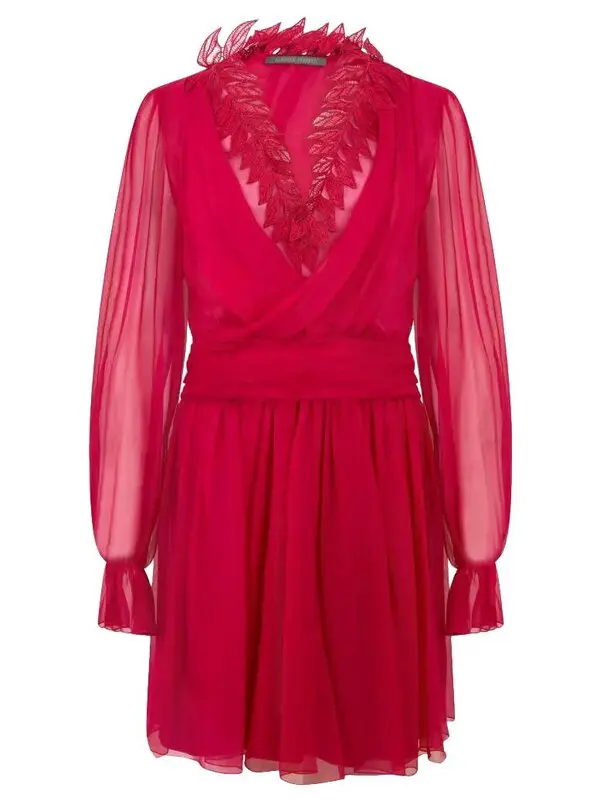 Alberta Ferretti Long Sleeve V-neck Mini Dress - Red