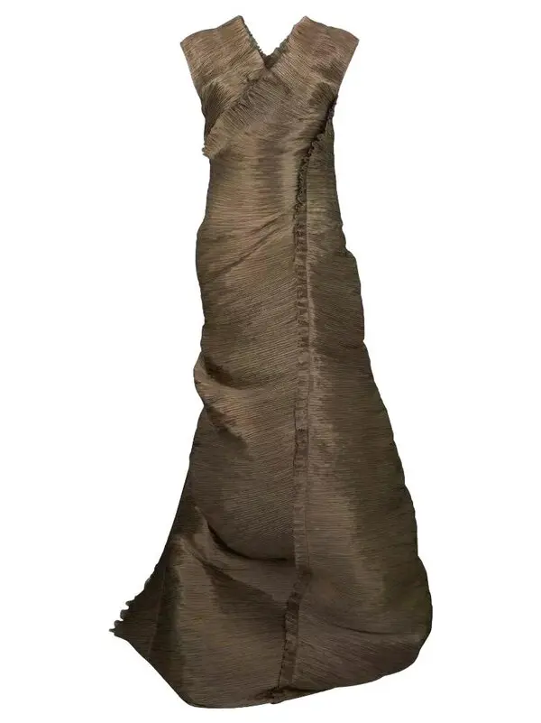 Alberta Ferretti Pleated Ruffled Maxi Dress - Brown