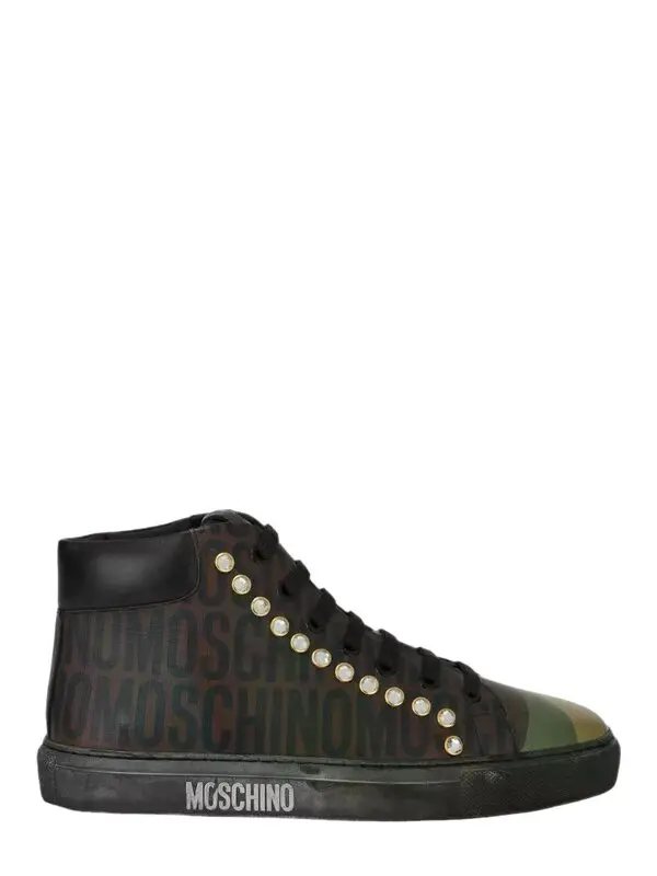 Moschino Logo Print Crystal Embellished High Top Sneakers - Black
