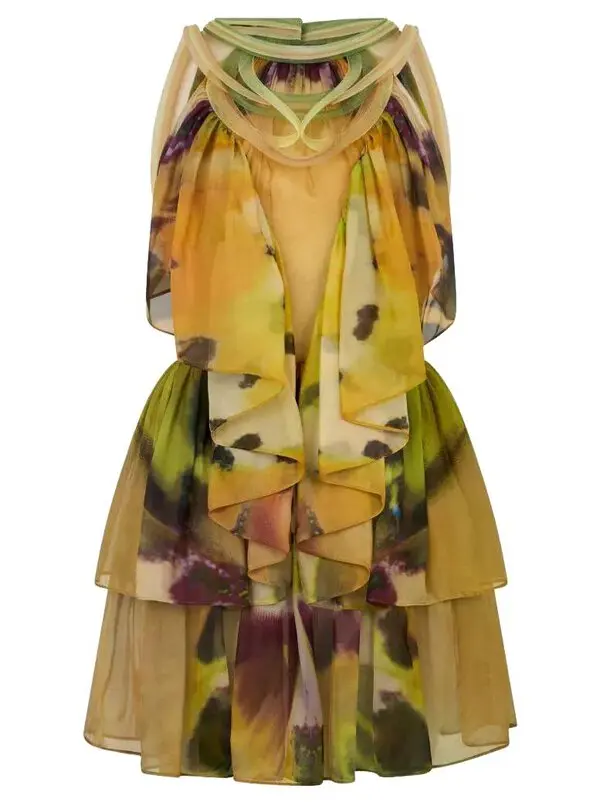 Alberta Ferretti Floral Print Ruffled Mini Dress - Yellow