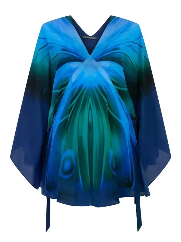 Alberta Ferretti Gradient Butterfly Print V-neck Chiffon Blouse - Blue