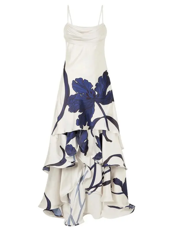 ANDRES OTALORA Inoportuna Printed Ruched Ruffled Satin Maxi Dress - Blue