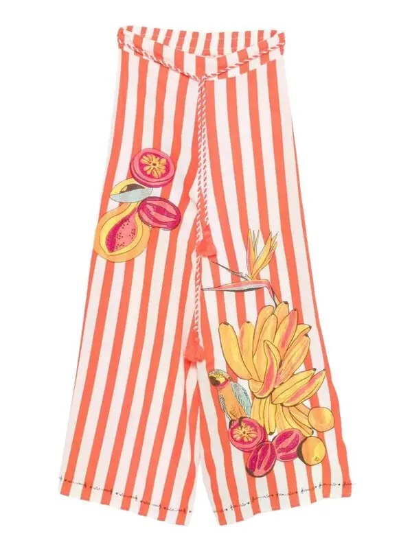 Farm Rio Striped Palazzo Pants With Fruit Embroidery - Red