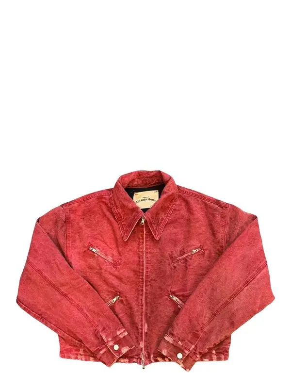 SEKRIT Distressed Zip-up Denim Jacket - Red