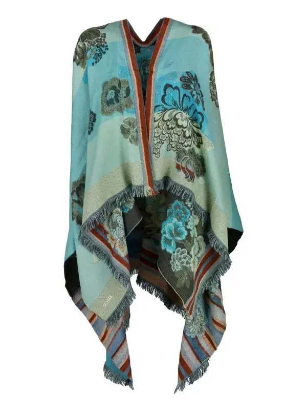 Kenzo Floral Print Fringed Poncho - Blue