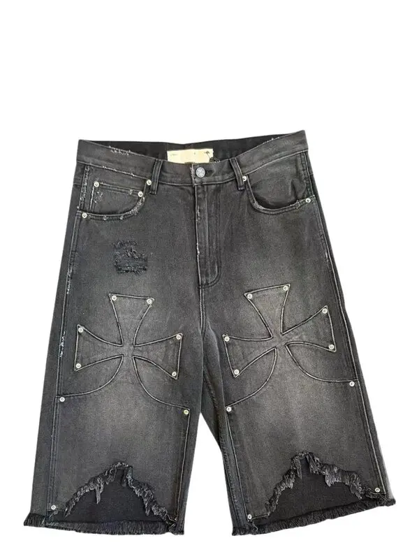 SEKRIT Distressed Denim Shorts With Cross Appliqu - Grey