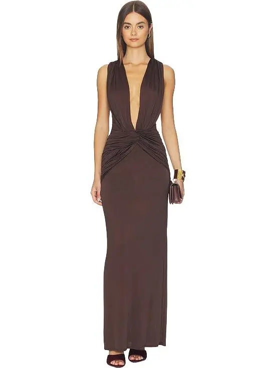 Shona Joy Miro Sleeveless Plunged Maxi Dress - Chocolate