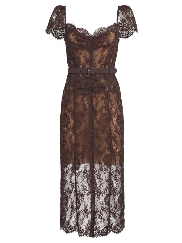 SELF-PORTRAIT Lace Floral Midi Dress - Brown
