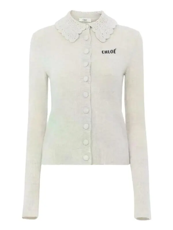 Chloé Crochet-collar Logo-embroidered Cardigan - Grey