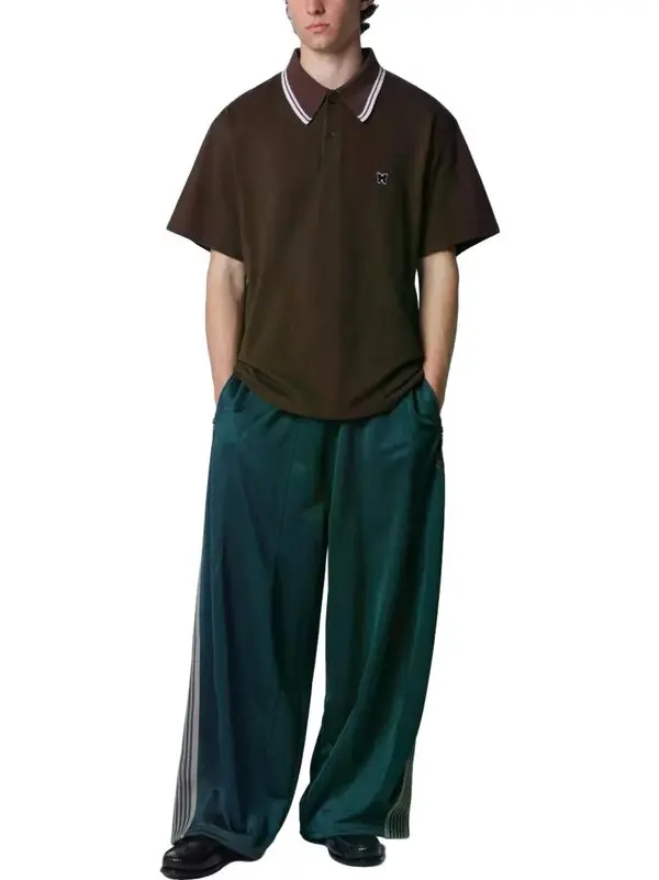 Needles Butterfly-embroidered Striped-collar Polo Shirt - Brown