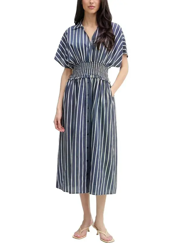 Joseph Ribkoff Vertical Stripe Smocked Waist Midi Dress - Blue