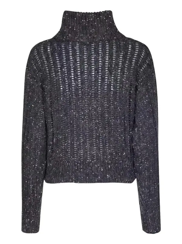 Brunello Cucinelli Sequin-embellished Open-knit High Neck Cardigan - Grey