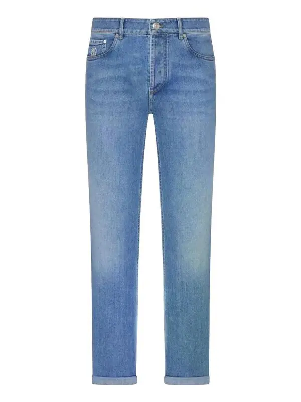 Brunello Cucinelli Faded-effect Logo-embroidered Jeans - Blue