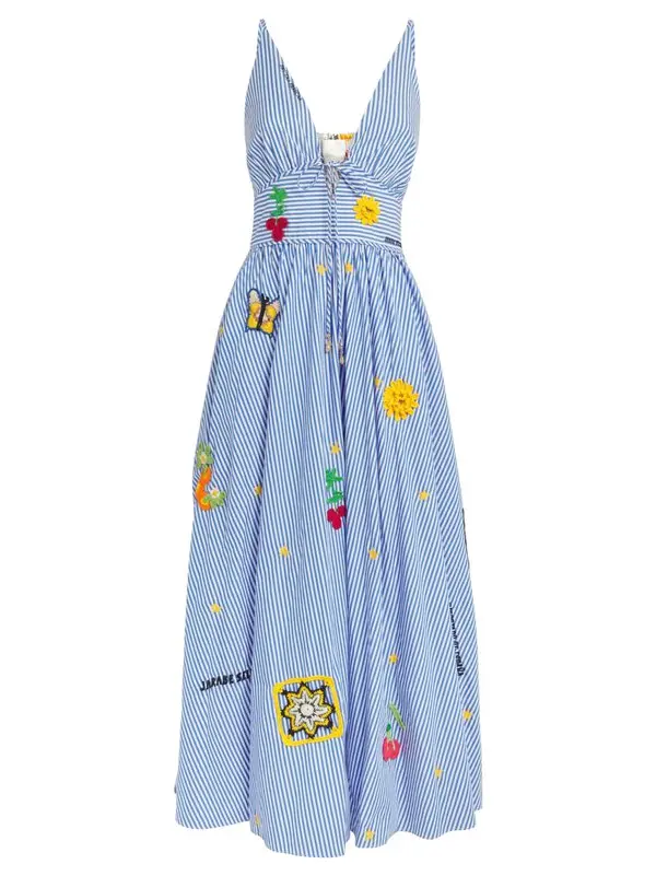 Camilla Cotton Striped Midi Dress With Fruit Appliqu - Blue