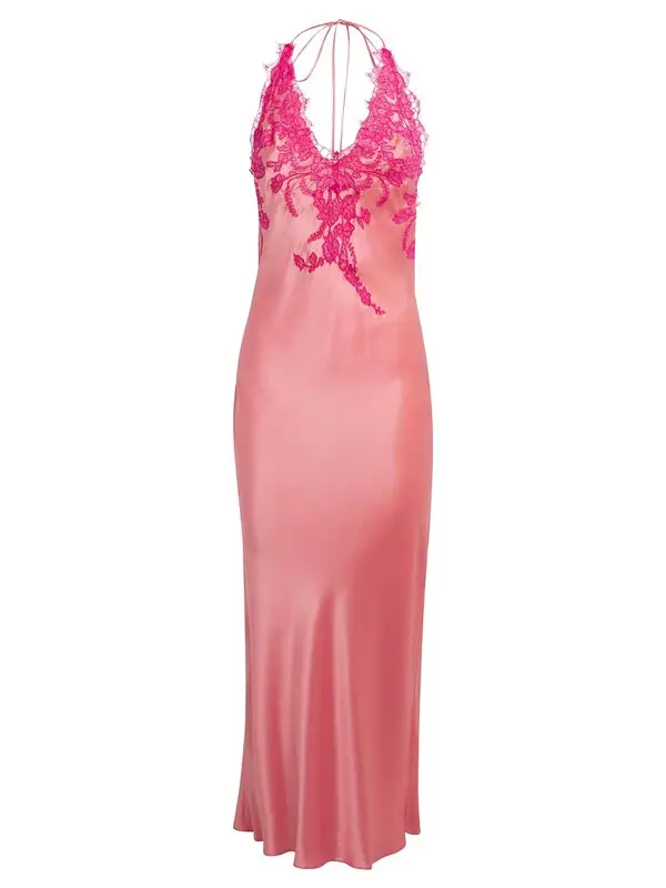 TORLOWEI Silk Midi Slip Dress With Lace Appliqu - Pink