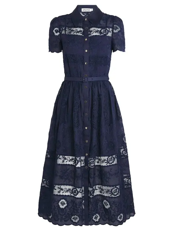 SELF-PORTRAIT Ramie Embroidered Midi Shirt Dress - Navy