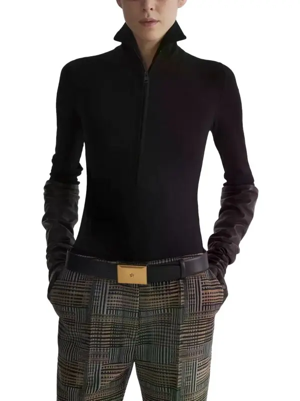 MUGLER Mock Collar Jersey Quarter Zip Long Sleeve Top - Grey