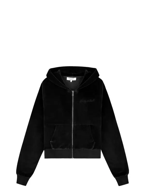 SPORTY & RICH Logo Embellished Velour Hoodie - Black