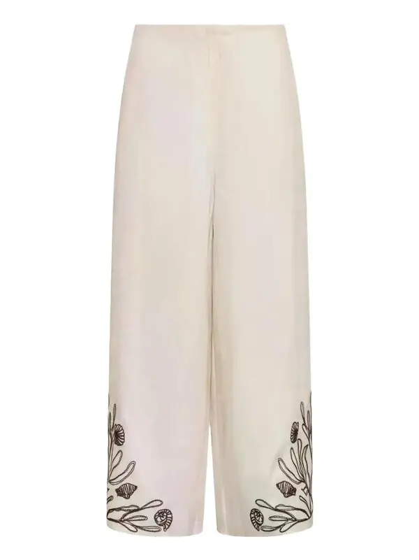 Marella Embroidered Linen Wide Leg Trousers - Neutrals