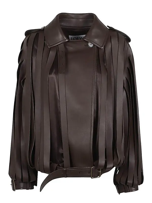 Loewe Leather Belted Jacket With Fringes - Brown