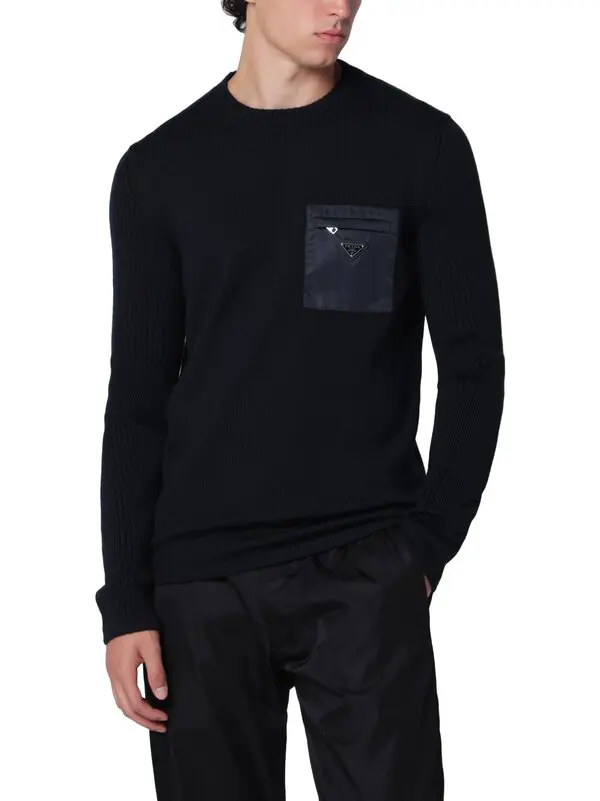 Prada Wool Crewneck Sweater With Re-nylon Pocket - Blue