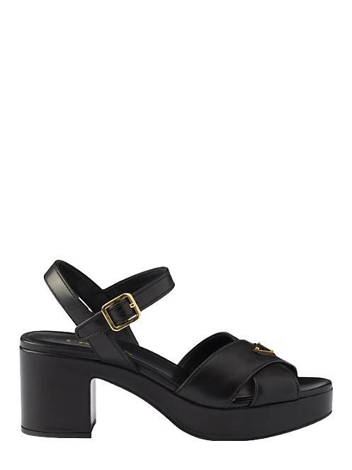 Prada Logo Plaque Platform Leather Heeled Sandals - Neutral