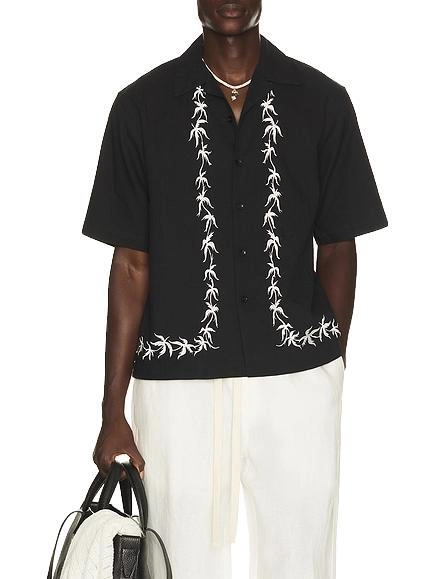 Commas Palm Embroidery Bowling Shirt - Black
